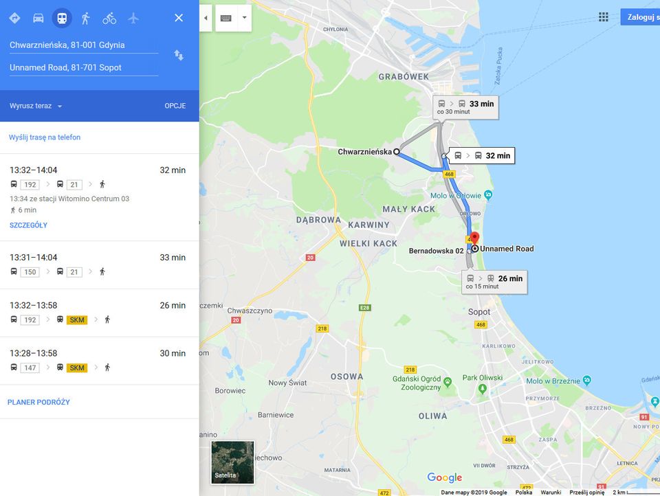 Trójmiejska komunikacja na Mapach Google